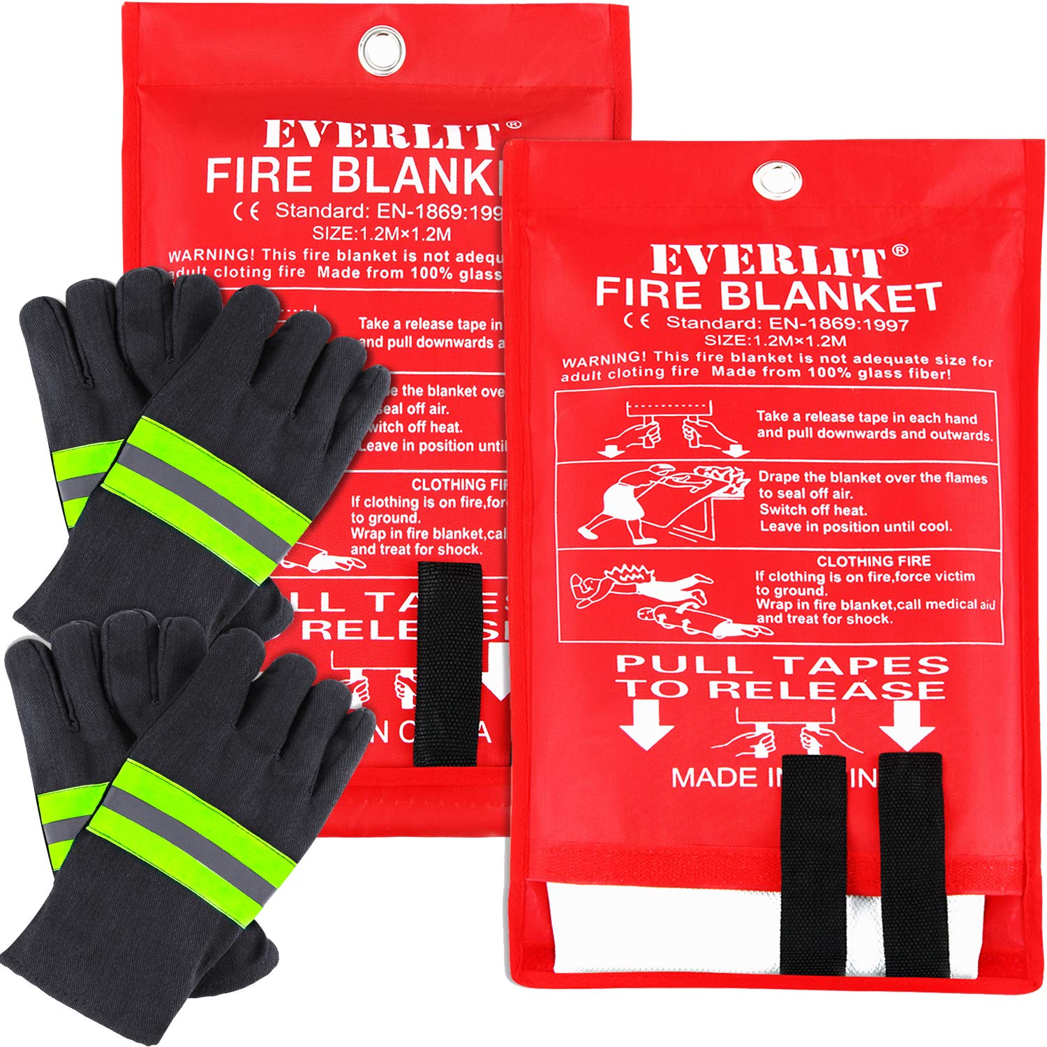 EVERLIT [2-Pack] Fire Blanket Size XL 47''x47'' Fire Suppression Emergency Blanket w/Heat Resistant Gloves w/Reflective Strap for Kitchen, Camping, Grilling