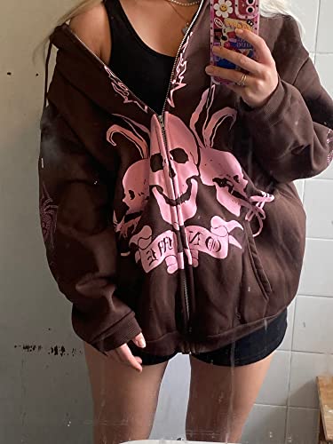 PLAYPUNK Women Rhinestone Oversized Zip Up Hoodie Y2k Skeleton Spider Skull Print Vintage Hoodies 90s Pullover Grunge Jacket Brown