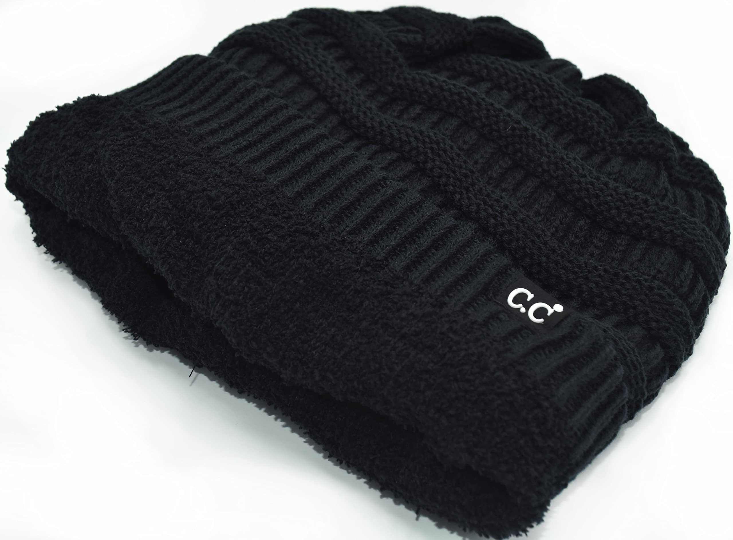 Heavy Fuzzy Lined Stretchy Cold Weather Toboggan Cap Stocking Slouchy Oversized Winter Knit Beanie for Men and Women Black