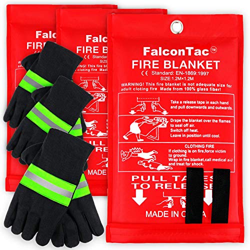 FalconTac [3-Pack] Fire Blanket Size X-Large 47''x47'' Fire Suppression Emergency Blanket w/Heat Resistant Gloves w/Reflective Strap for Kitchen, Camping, Grilling