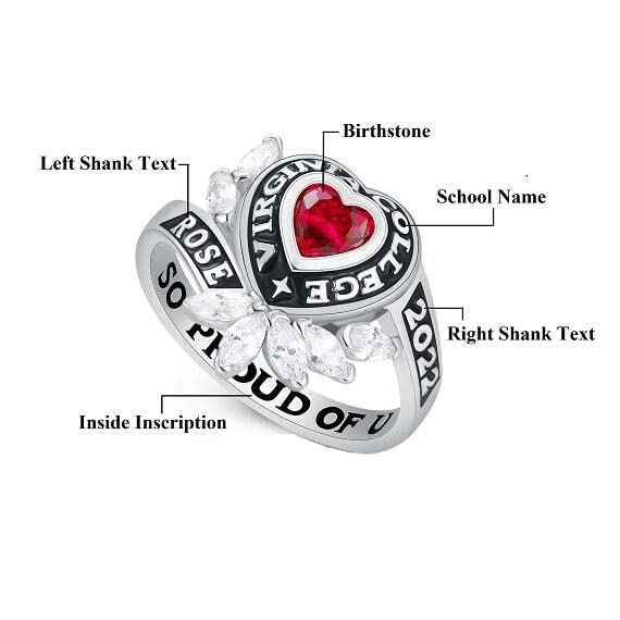 JNJ Women's Class Ring, personalized for high school and college graduates, Sterling Silver, Birthstone, Original design, Heart collection-Jour Nouveau Jewelry (Platinum)