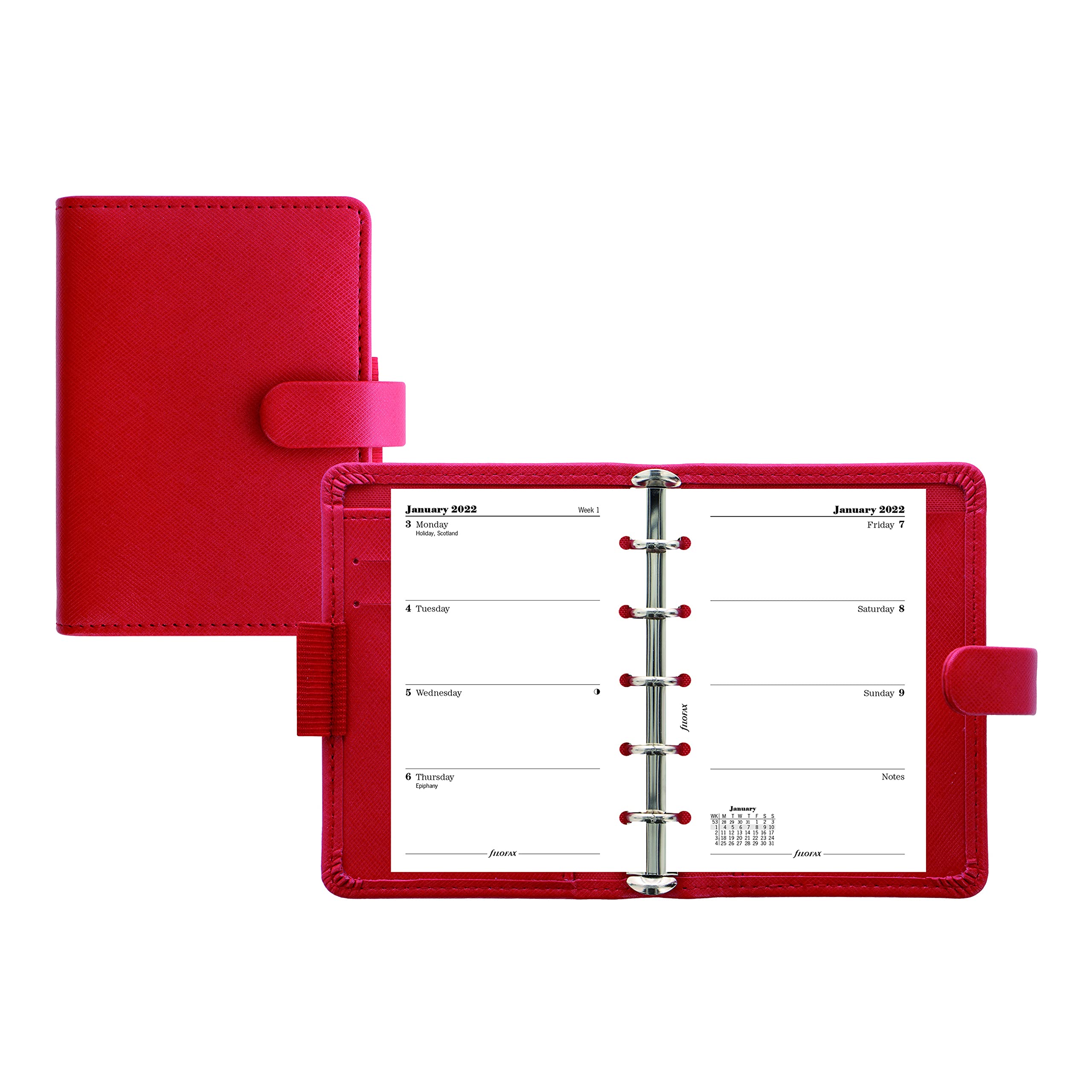 Filofax Saffiano Organizer, Mini Size, Poppy - Cross-Grain, Leather-Look, Five Rings, Week-to-View Calendar Diary, Multilingual, 2022 (C028772-22)