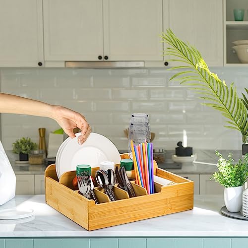 Frcctre Bamboo Utensil Caddy Organizer for Countertop, 8 Compartment Paper Plate Holder, Adjustable Utensil Holder Silverware Organizer Cutlery Organizer Box for Plate, Cup, Fork, Spoon, Napkin