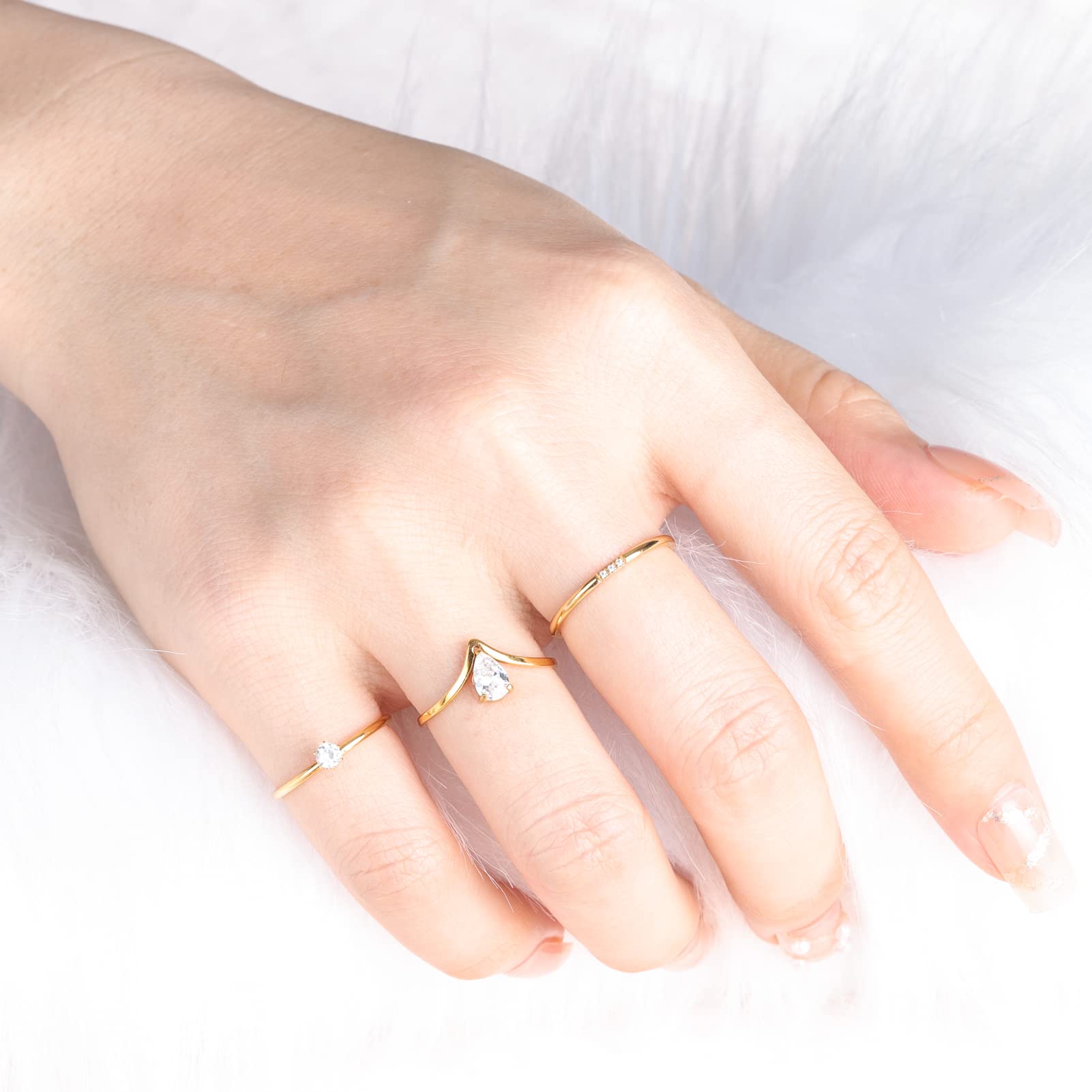 Joacii Gold Plated Stacking Waterdrop Eternity Wedding Rings Stackable Cubic Zircon Pear Promise Ring Set for Women Comfort Fit Size 7