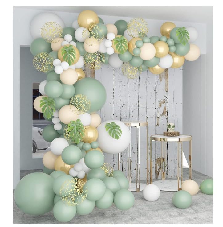 Sage Green, White, Gold and Gold confetti Ballon Garland Arch Kit 132 pcs