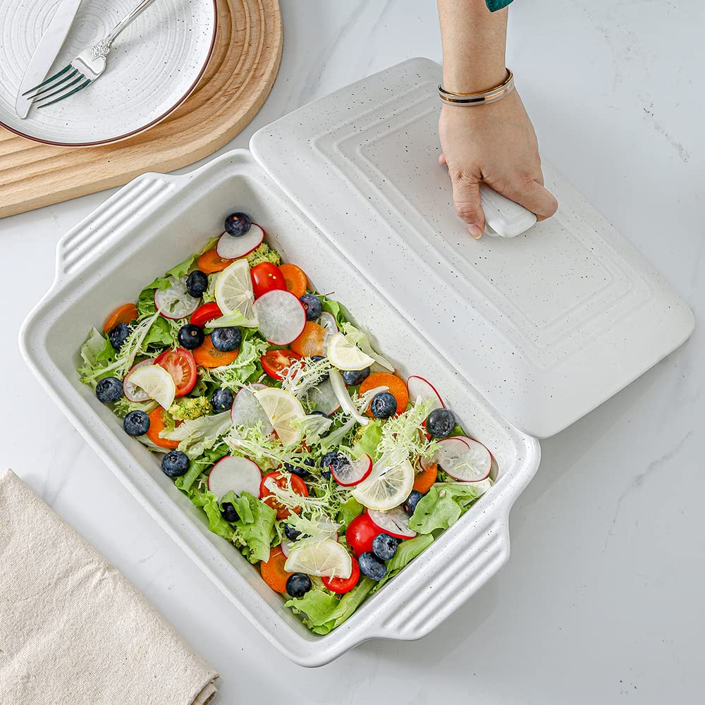 HVH Ceramic Casserole Dish with Lid Oven Safe, 9x13 Casserole Dish, Covered Rectangular Casserole Dish Set, 3.5 Quart Large Casserole Dish, Baking Dishes for Casseroles, Farmhouse Style (White)