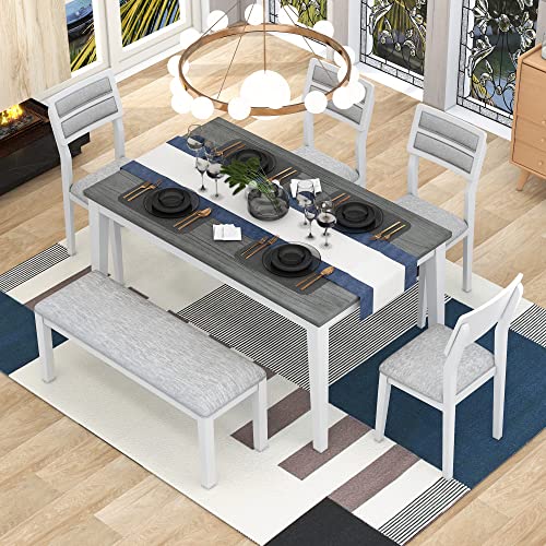 SIYSNKSI Modern 6 Piece Dining Table Set, Wood Dinette Table with 4 Upholstered Chairs and Bench, Classic Traditional Style Kitchen Table Set for 6 People (White+Gray)