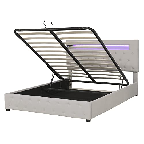 Queen Size Upholstered Platform Bed with Gas Lift up Storage,Adjustable Headboard Featured w/Bluetooth Audio, LED Light and USB Charging,Hydraulic Storage Platform Bed for Kids Teens Adults