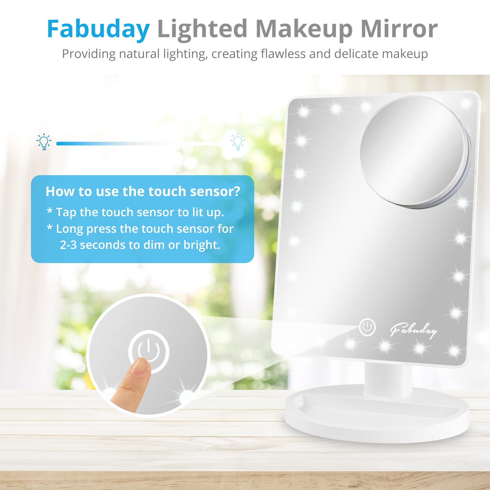 Fabuday Makeup Mirrors with Lights - Fabuady Lighted Makeup Mirror with Detachable 10X Magnification, Light Up Mirror Touch Screen and Light Adjustable, 180° Rotation, Powered by Battery, White