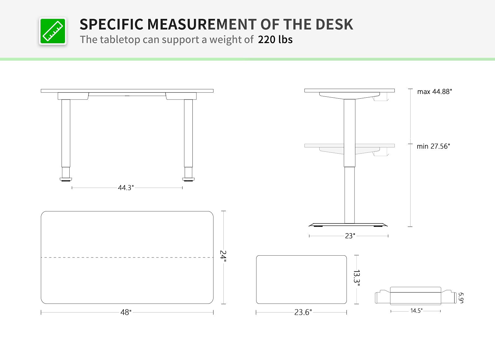 FAMISKY Height Adjustable Standing Desk, 48x 24 Inch Electric Stand up Home Office Table, Sit Stand Desk Computer Workstation with Splice Board, Black Frame & Rustic Brown Desktop