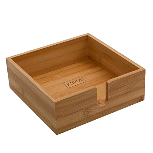 KOVOT Bamboo Napkin Holder β 7"W x 7"W Flat Square Natural Wooden Napkin Tray β Table Top Decorative Tissue Paper Dispenser for Kitchen, Luncheon & Dining Table