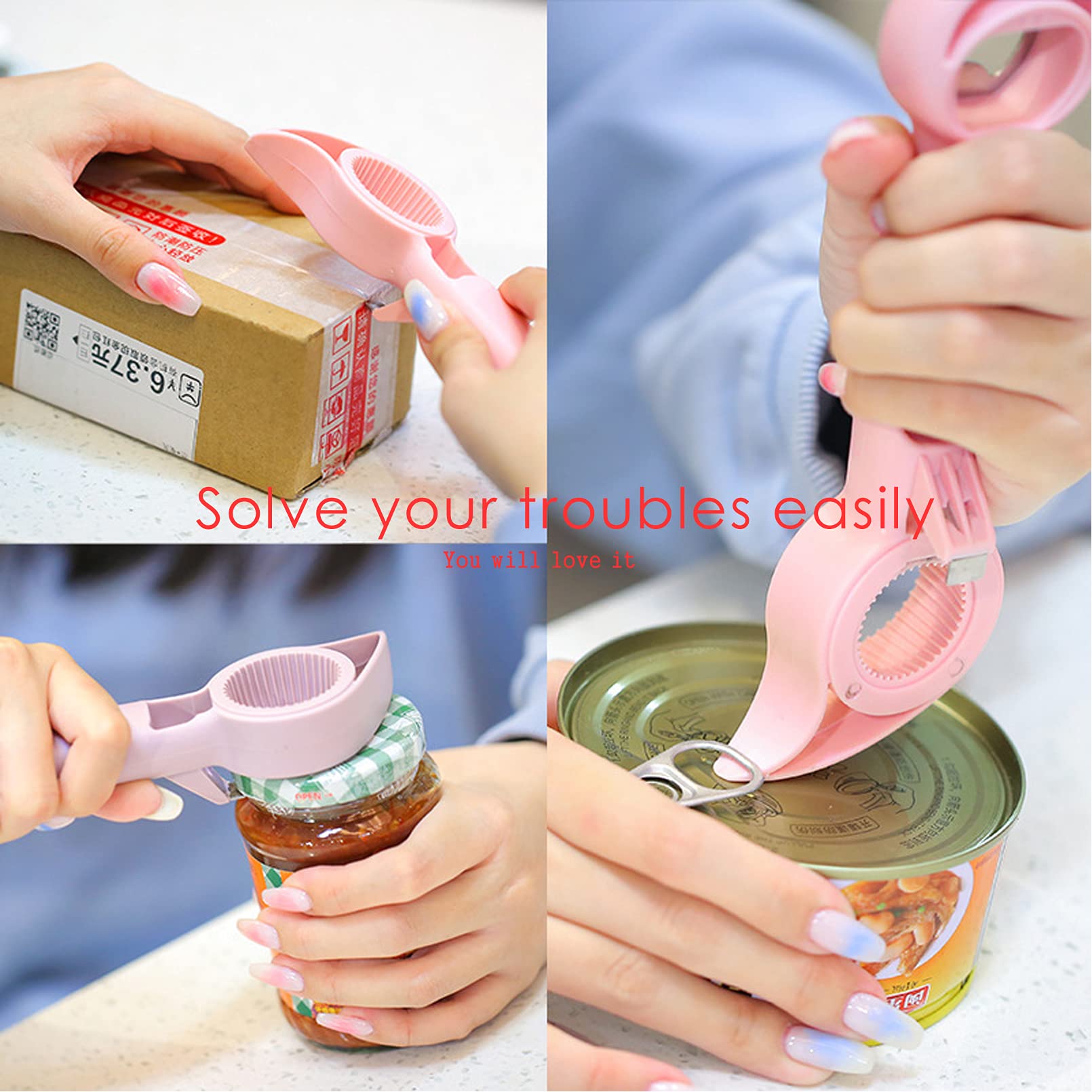 Jar Opener, 4 in 1 Multi Function Can Opener Bottle, Multi Kitchen Tool for Jelly Jars, Wine, Beer and other, Bottle Opener to Protect the Nail Use for Children, Elderly and Arthritis Sufferers-Pink