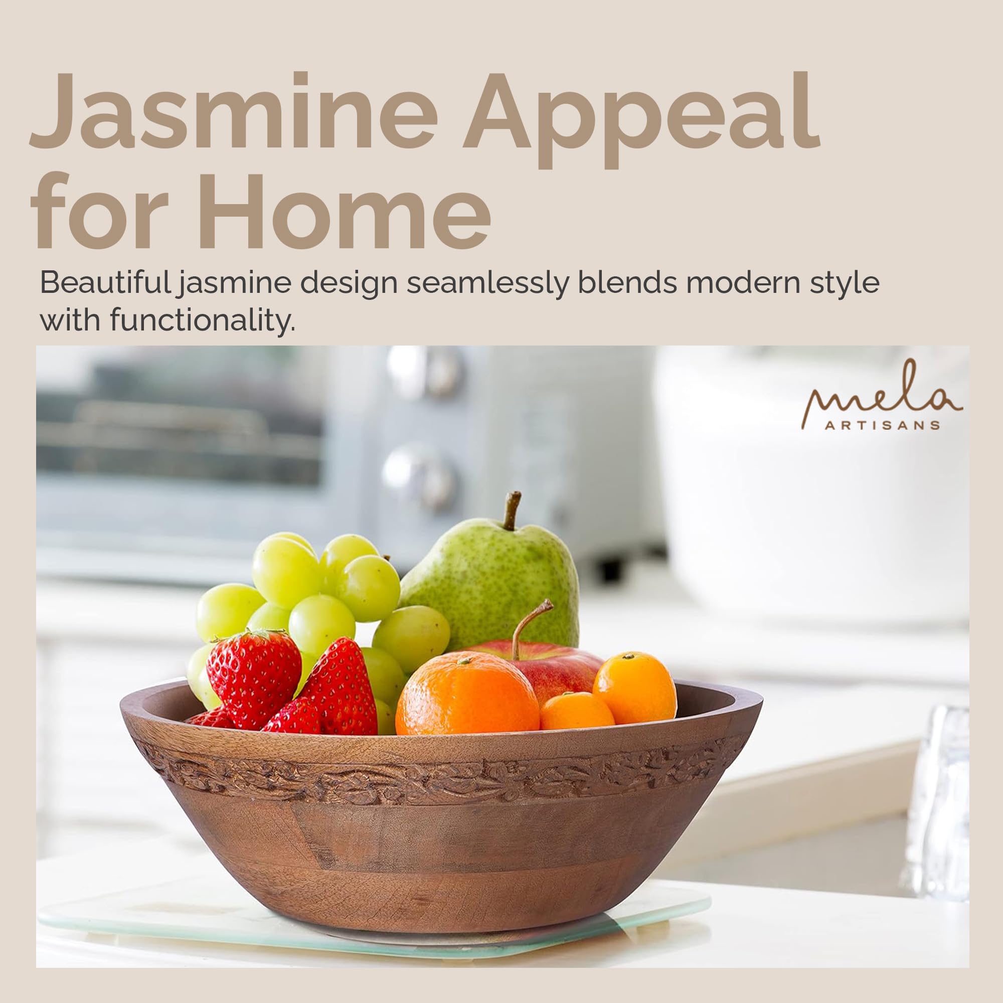 Jasmine Large Wooden Bowl (Medium Burnt, 12 x 4.5 x 11) – Mango Wood Decorative Bowl for Veggies, Fruits, & More – Handmade Wooden Serving Bowl w/ 3 Felt Pads - Modern Rustic Home Decorations