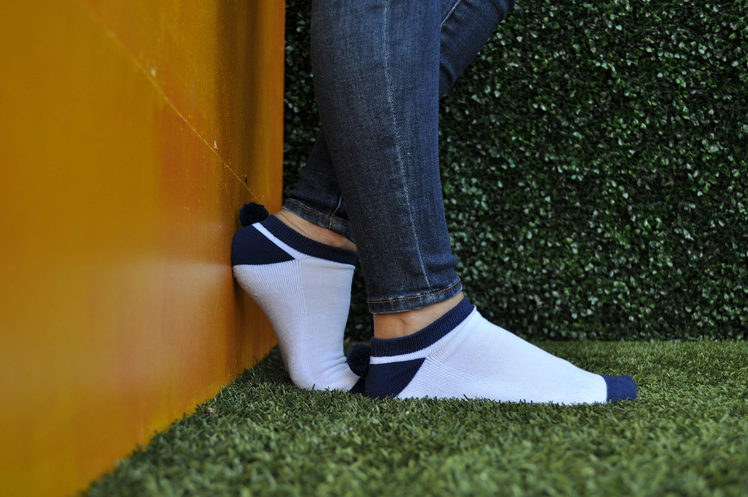 Everything Legwear Sock House Co. Pom Pom Socks (4 Pair) - Team Spirit Athletic Socks - Fits Ladies Shoe Size: 4-10 (Navy)