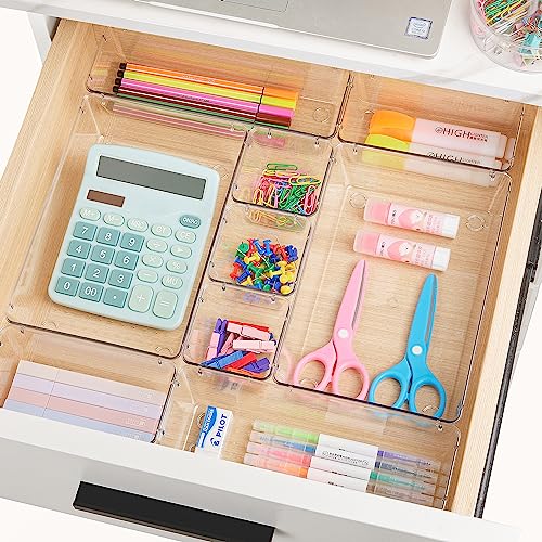Vtopmart 44 PCS Clear Plastic Drawer Organizers Set, 4-Size Versatile Bathroom and Vanity Drawer Organizer Trays, Non-Slip Storage Containers for Makeup, Jewelries, Bedroom,Kitchen Utensils and Office