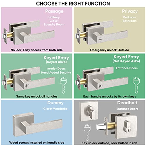 TICONN 2Pk Door Handle Heavy Duty, Reversible Square Door Lever for Bedroom, Bathroom and Rooms (Satin Nickel, Dummy - Front Mount, 2 Pack)