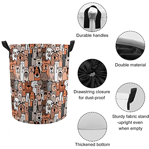 Many Dogs and Cats Laundry Basket Round Collapsible Storage Bin with Drawstring and Handle for Bedroom Bathroom Toys Room 17.3" X 13.8"