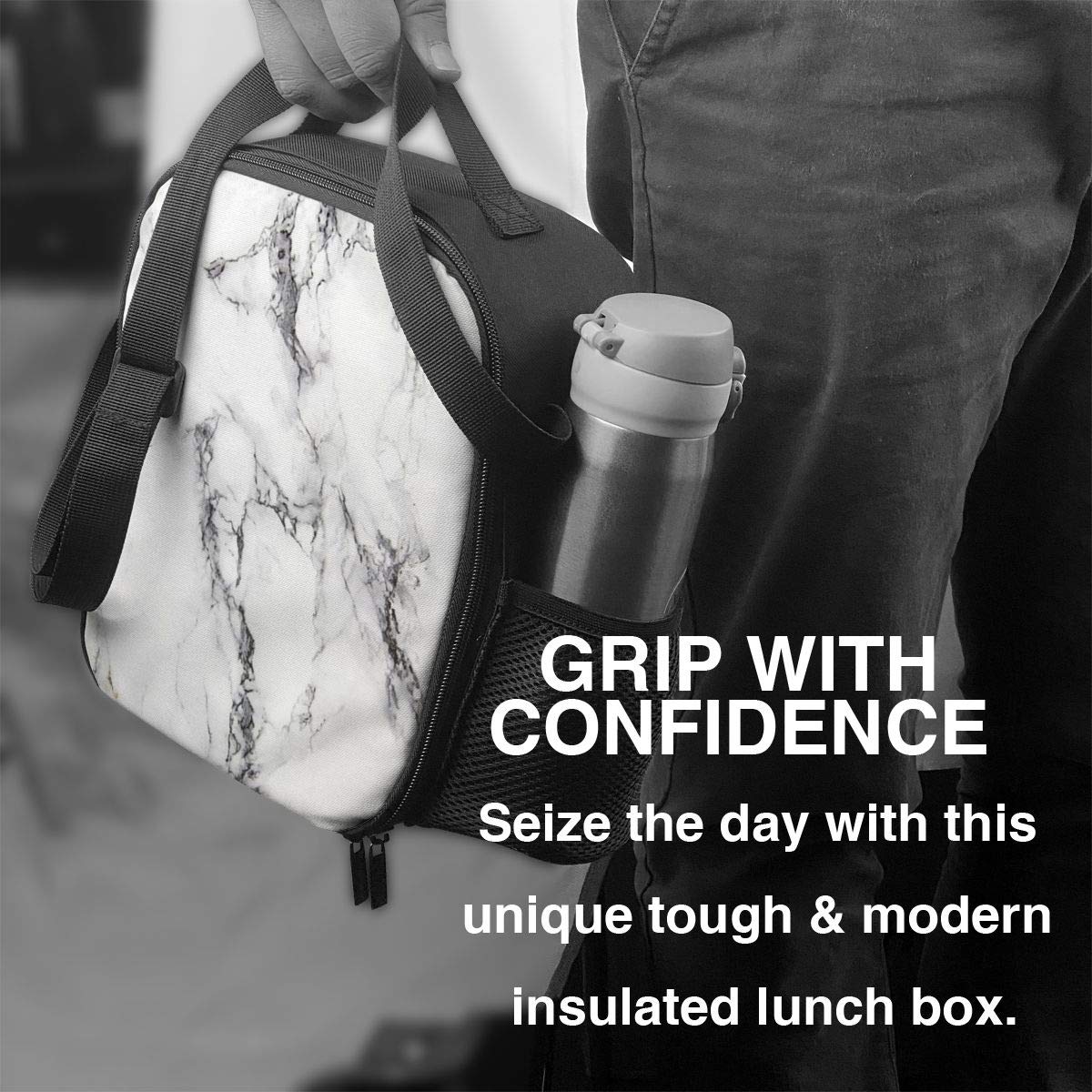 MSGUIDE Simple White Marble Stone Men & Women Insulated Lunch Bag,Reusable Tote Lunch Box with Water Bottle Holder and Adjustable Shoulder Strap for School Office Picnic