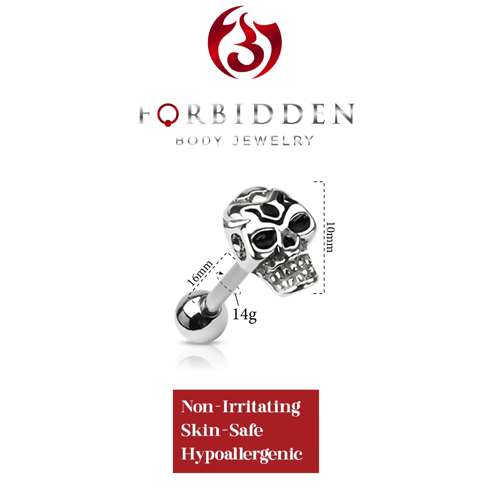 Forbidden Body Jewelry 14g 16mm (5/8 Inch) Surgical Steel Skull Head Tongue Piercing Barbell