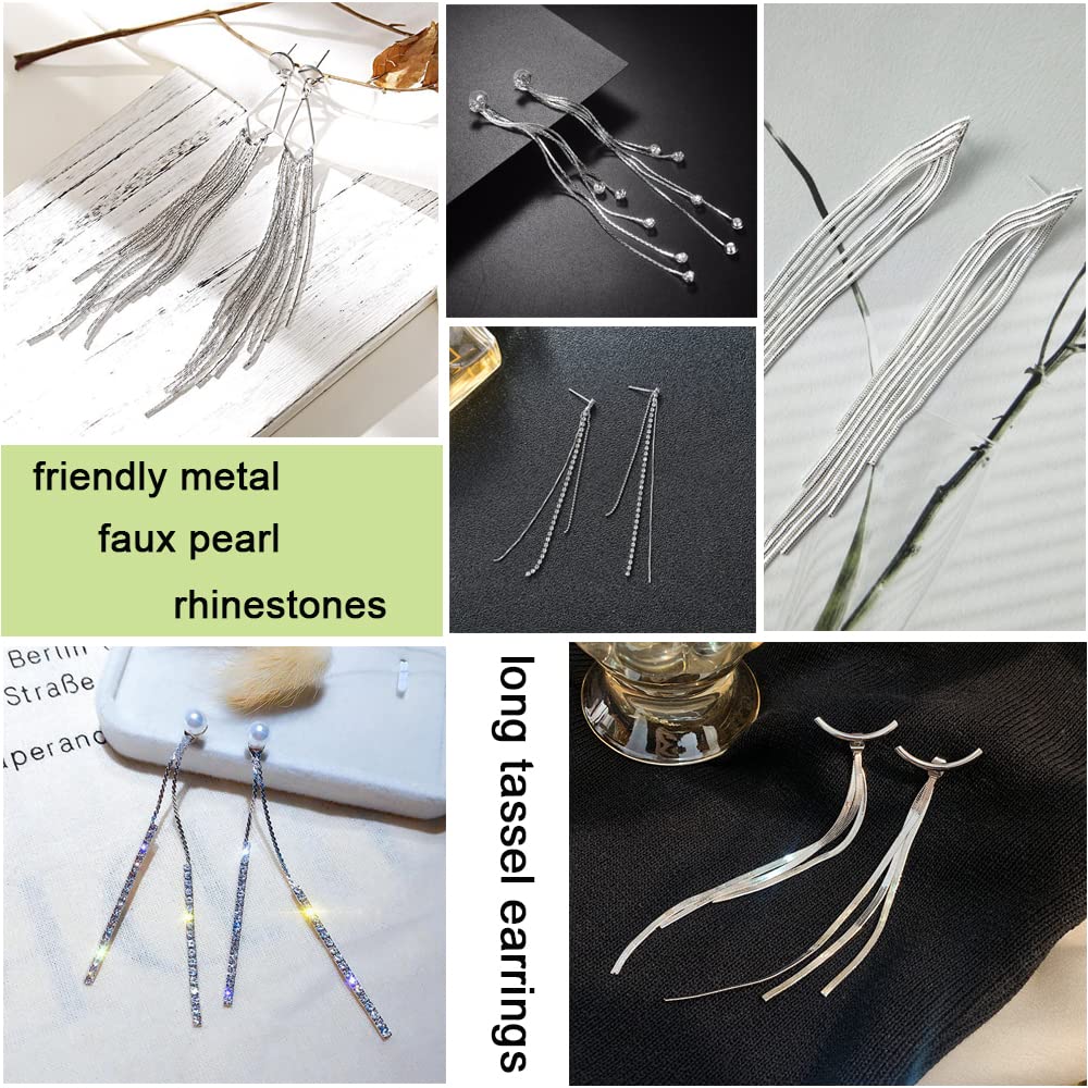 FINZOR 6 Pairs Long Tassel Dangle Drop Earrings for Women Punk Sleek Metal Chain Earrings Wedding Bridesmaid Jewelry(Silver)