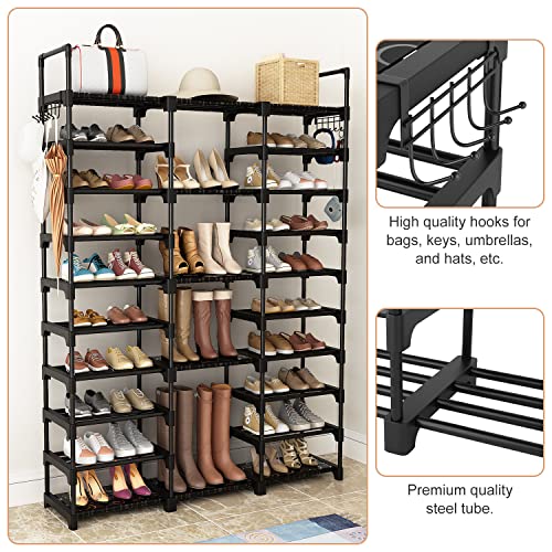 VTRIN Upgrade Shoe Rack Shoe Organizer for Entryway 10 Tiers Holds 54-62 Pairs Shoe and Boots Shelf Organizer Storage Organizer for Closet Durable Metal with Versatile Hooks for Bedroom Garage