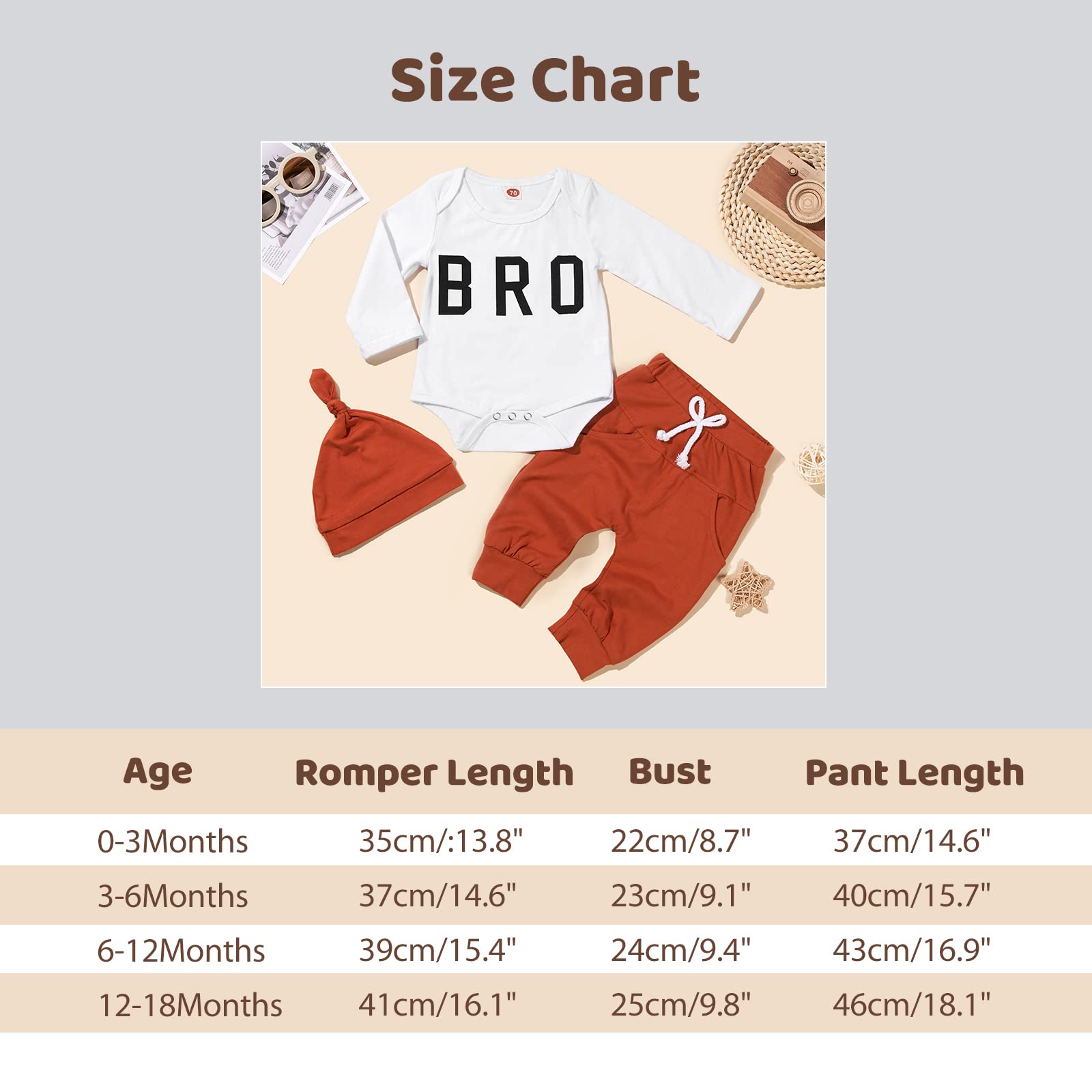 LitBear Newborn Baby Boys Outfits, Long Sleeve Bro Bodysuit Pant Hat Toddler Boy 3 6 12 18 Months Fall Winter Clothes