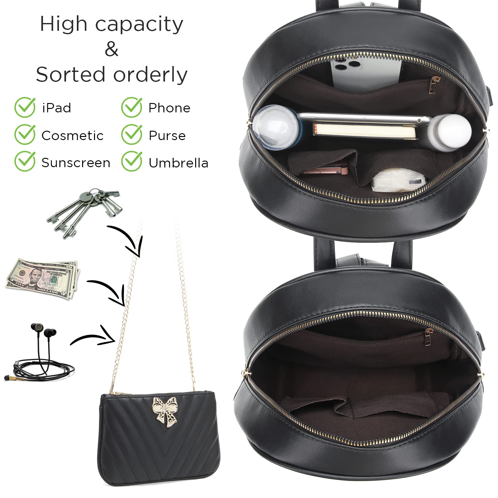 I IHAYNER Women Fashion Backpack Purse 2 PCS Mini Backpack for Women Designer Shoulder Bag Travel bag with Detachable Chain Handbags Black