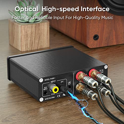 Saiyin Mini Bluetooth Amplifier Home Audio for Speakers, 2ร80W 2.1 Channel Digital Class D Integrated Amp with 24-Bit 192kHz DAC and Optical Coaxial AUX Headphone Line Out Jack