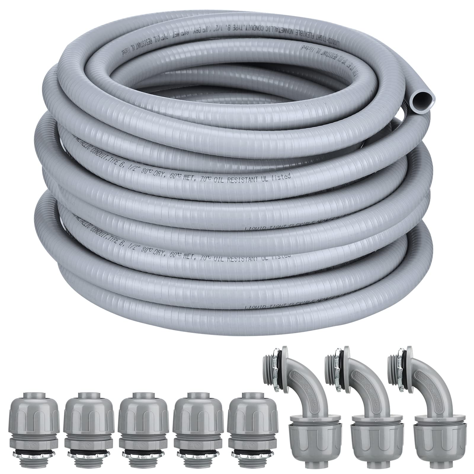 Electrical Conduit and Connector Kit Flexible Liquid Tight Electrical Conduit Non Metallic Electrical Conduit with 5 Straight and 3 Angle Fittings Included (1/2 Inch 50 Ft)