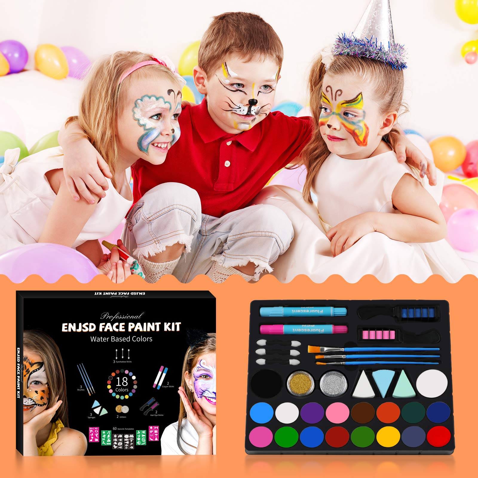 Face Paint Kit for Kids - 50 Stencils, ENJSD Halloween Makeup Kit 18 Large Water Based Paints, 2 Hair Chalks 3 Eyeshadow Sticks, Professional Face Paint Palette, Safe for Sensitive Skin