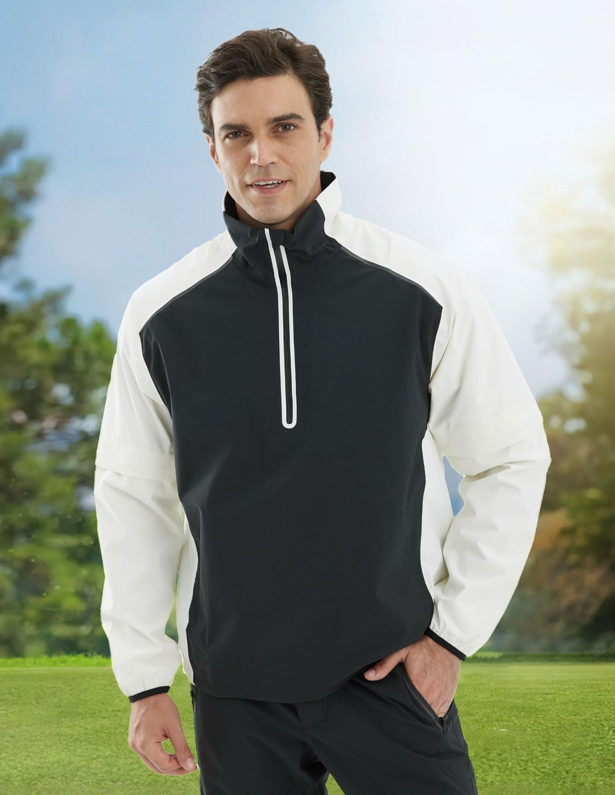 fit space Waterproof Golf Rain Jacket for Men 20K Performance Lightweight Rain Jackets for All Sports (White-half-zip, XX-Large)