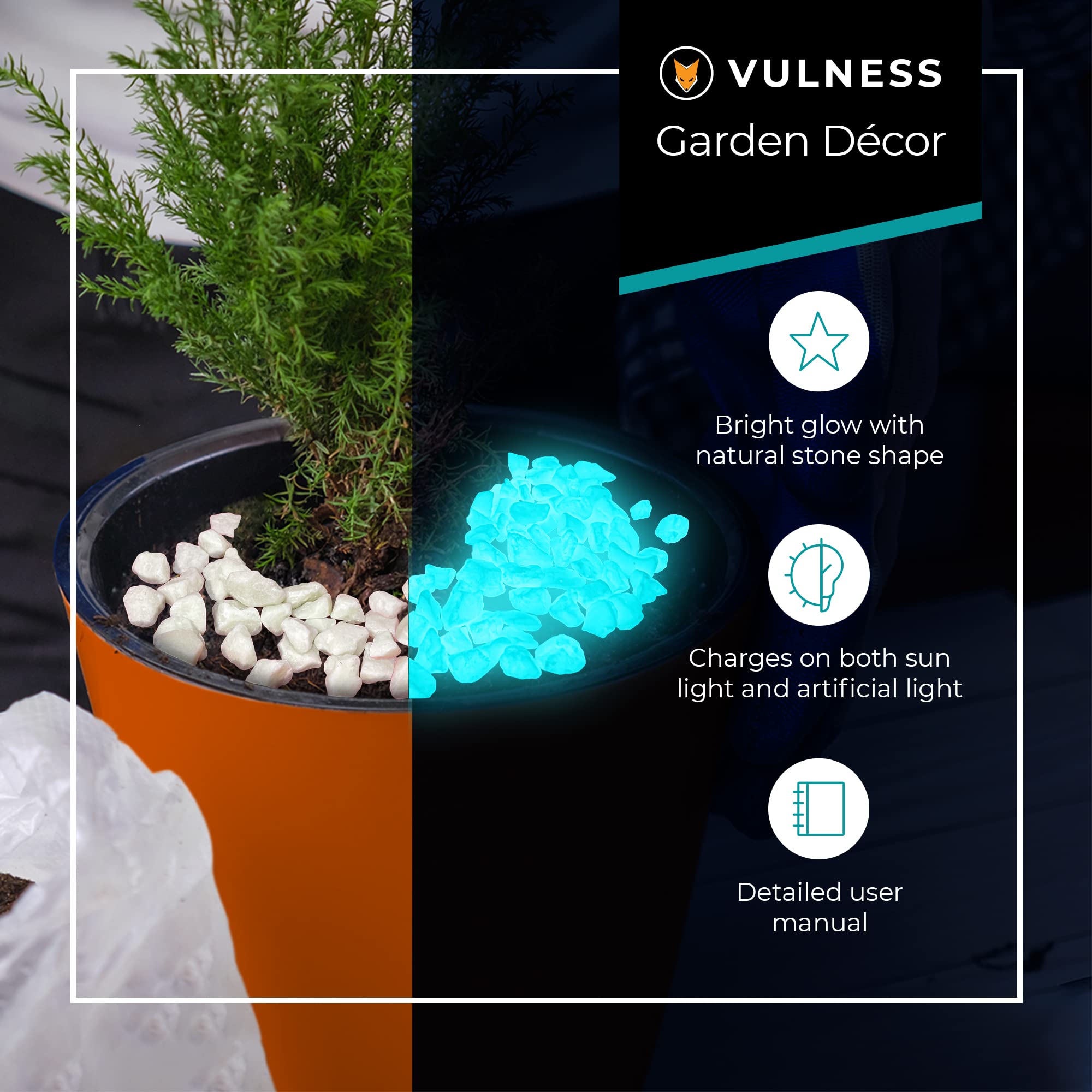 VULNESS Glow in The Dark Rocks Decorations - Ideal for Yard, Walkway, Driveway, Pathway, Backyard, Garden, Room Decor, Planter Aesthetic, Aquarium Fish Tank Accessories, Betta Gravel (0.4-0.6 inch)