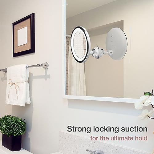 Fancii 10X Magnifying Makeup Mirror with True Natural Light and Locking Suction - 8 inch Large Lighted Travel Vanity Mirror, Dimmable Daylight LEDs, Battery and USB Operated - Luna (Silver)