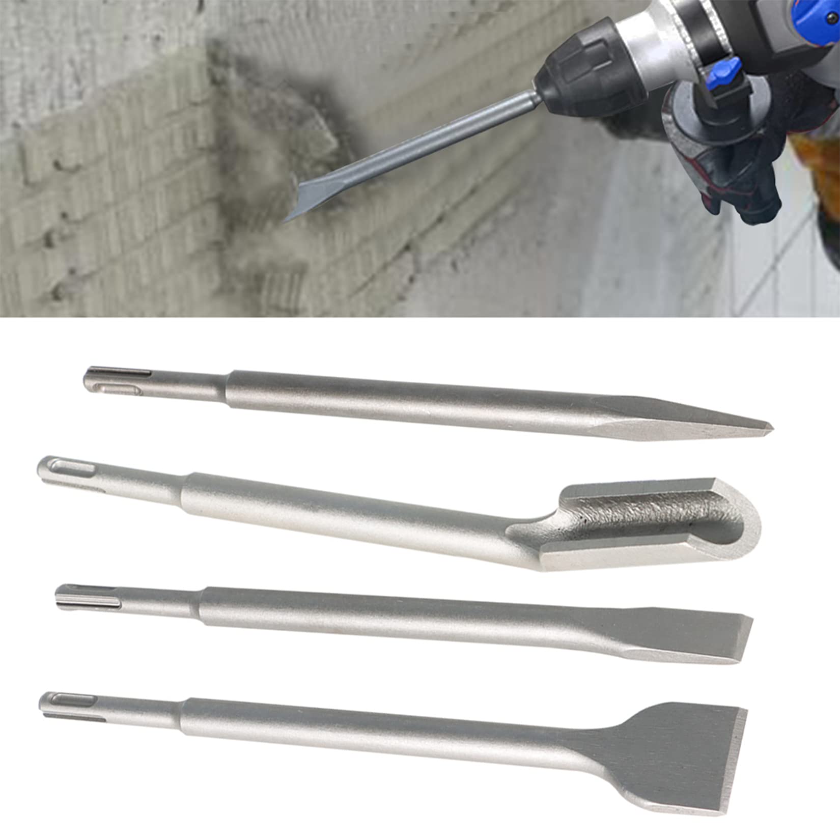 findmall 10 Inch Chisel Hammer Drill Bits, Concrete Chisel Set, Tile Chisel, Rotary Hammer Bits Set, 4Pcs Including Flat Chisels, Point Chisel, Grooving (Gouge) Chisel