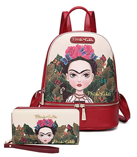 Frida Kahlo Cartoon Licensed Cute Backpack and Wallet Set (Red)