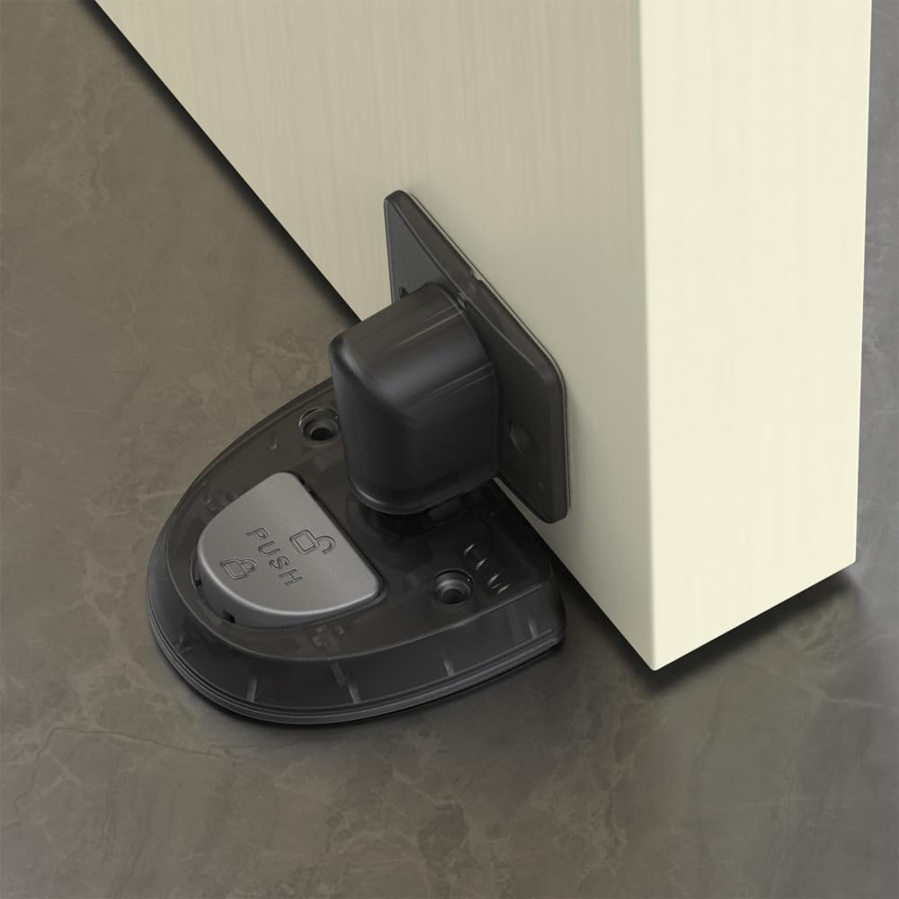 Evka Windproof Door Stopper with Locking Function, Noiseless Floor Door Stop with Adhesive Tapes for No Drilling and Screws for Stronger Mount. (Black, 3pcs)