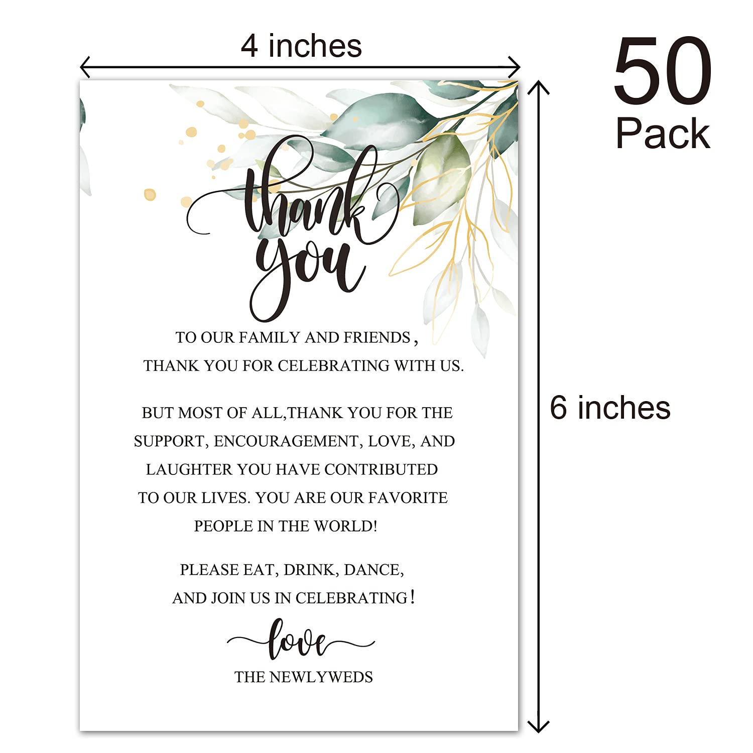 Wedding Thank You Place Setting Cards, Greenery Wedding Reception Thank You Cards, Table Centerpieces and Wedding Decorations, Wedding, Bridal, Engagement, Anniversary, 4x6 Inch, Pack of 50