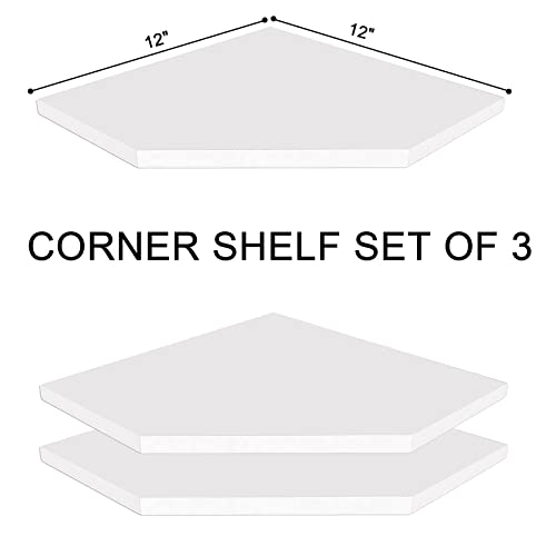 POCURBAN 12" Floating Corner Shelves Set of 3,Wall Mounted Storage Shelf with White Painted Finish for Small Plant, Photo Frame, Toys TV Accessories, Speaker, Cable Box, Game Console and More