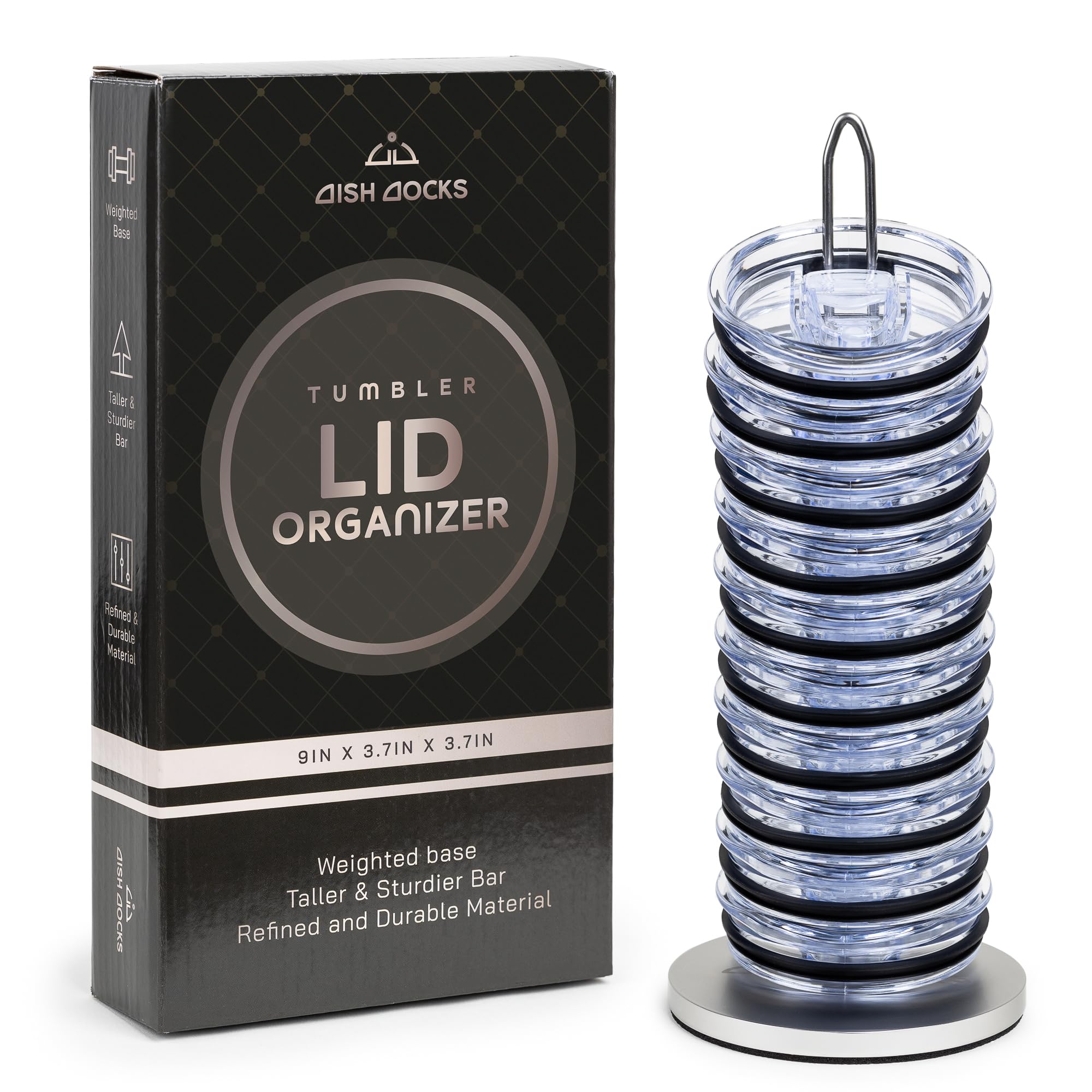 Tumbler Lid Organizer for Cabinet & Countertop - Slim Space-Saving Lid Holder with 9" Sturdy Bar & Weighted, Non-Slip Base - Vertical Storage Cup Lid Organizer - Collapsible Lid Rack for 10 Lids