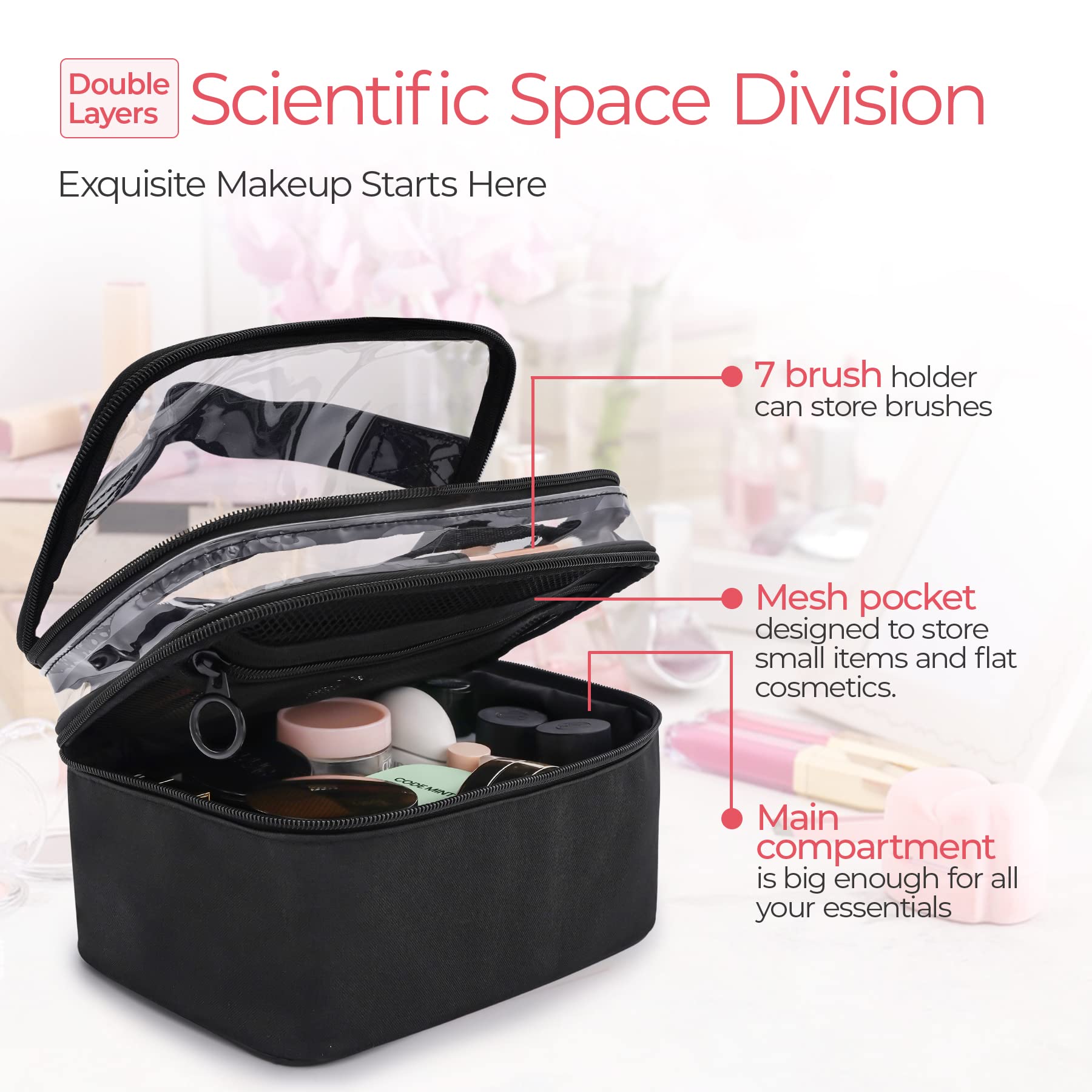 KIPBELIF Travel Makeup Bag Organizers- Multifunction Double Layer Make up Cosmetic Bags with Carry Handle