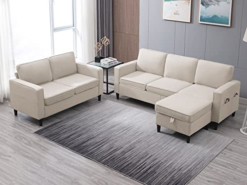 PUREMIND 2 Pieces Sofa Set Sectional Sofa Couch for Living Room,3-Seat L Shape Convertible Sofa with Storage Ottoman and Loveseat Set,Linen Fabri Modular Sectional Sofa Set