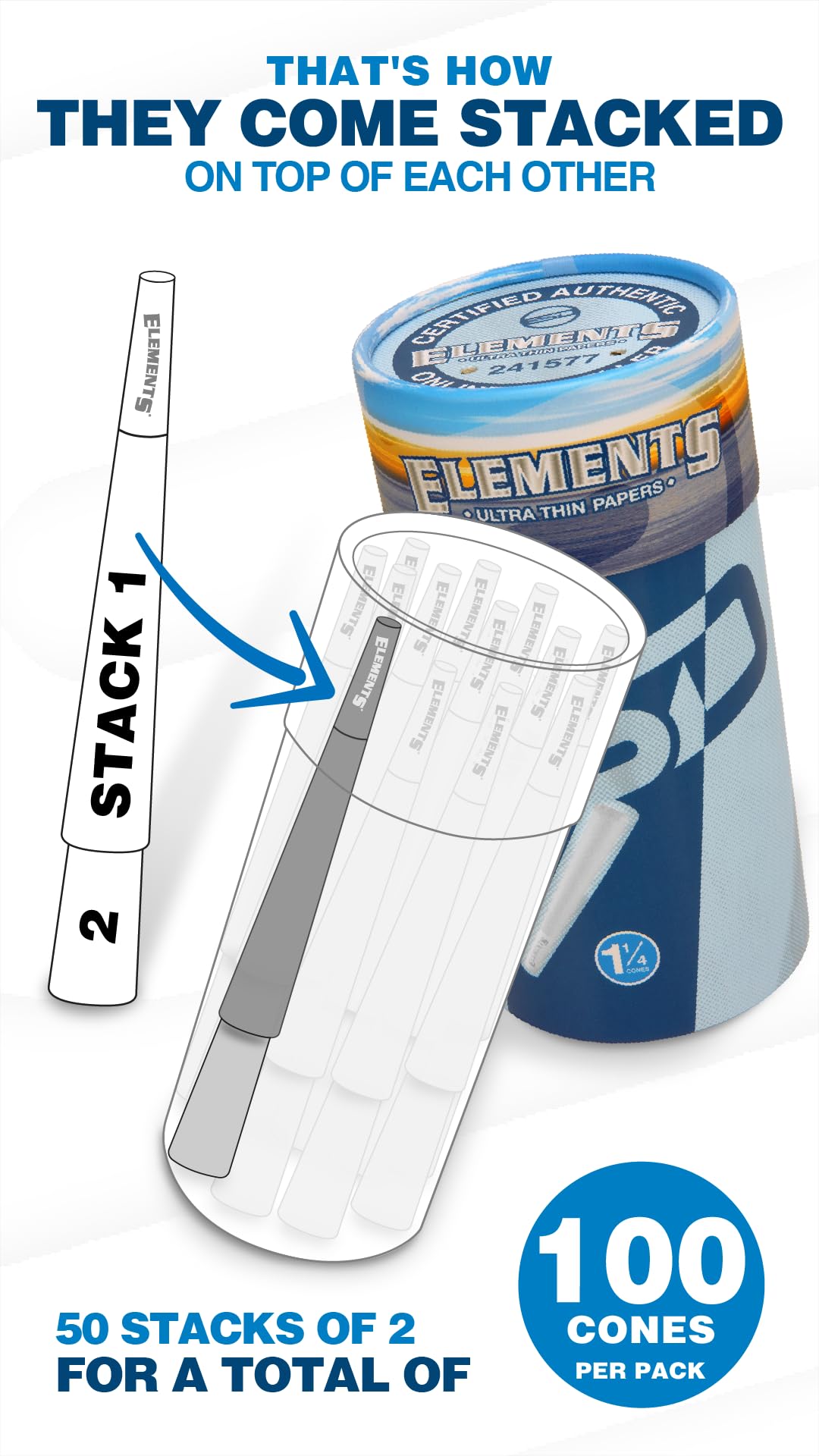 Elements Ultra Thin Rolling Paper Cones 1 1/4 | 100 Pack | Pre Rolled with Tips and Packing Tubes Included