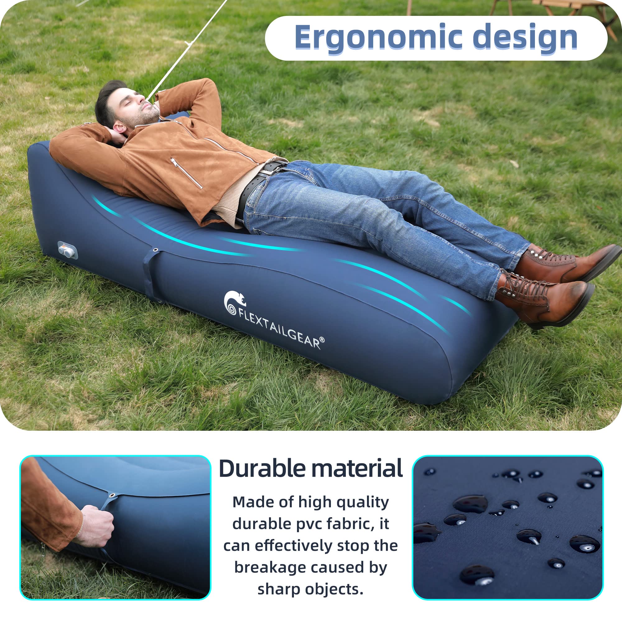 FLEXTAILGEAR Automatic Inflatable Couch, Portable Lounger Chair with Built in Pump, Ergonomic Design Blow Up Sofa Bed with Emergency Power Supply for Camping Beach Traveling Hiking Backyard