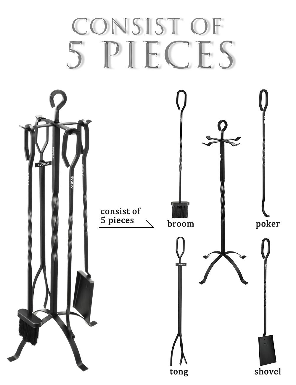 EVOLLY 5 Pieces Fireplace Tools Set 32Inch Heavy Duty Wrought Iron Fire Place Tool Set Fireplace Toolset for Fireplaces, Fire Pits, Hearth Accessories Including Tongs, Shovel, Stand, Poker & Broom