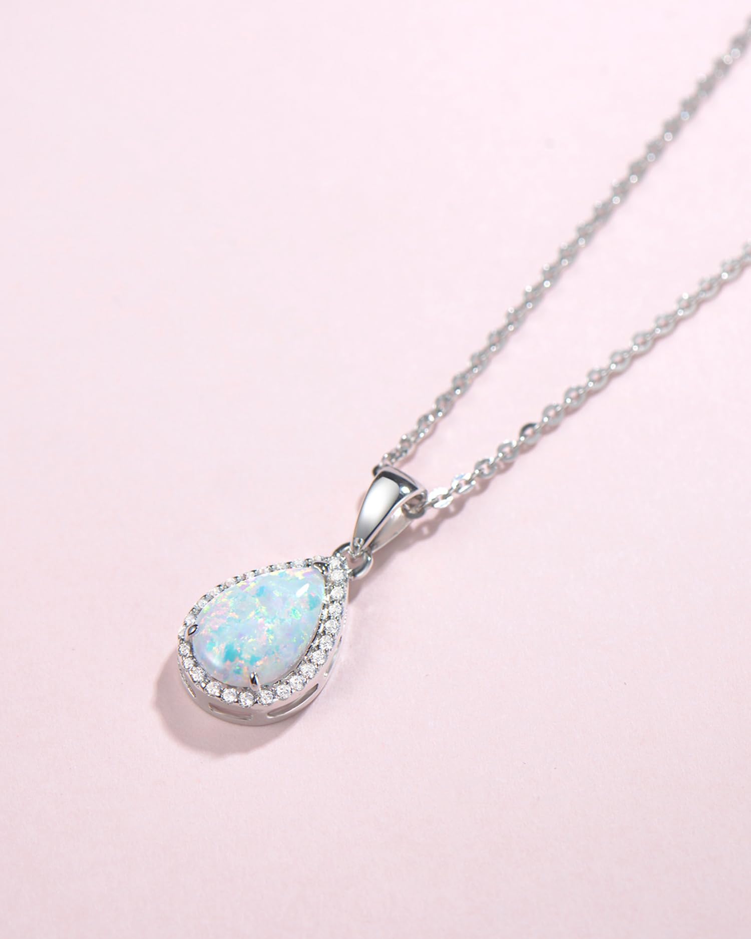 FANCIME Sterling Silver Opal Necklace White Fire Opal Halo Waterdrop Teardrop Pear Shape Opal Pendant October Birthstone Necklace Jewelry for Women 16β+2β
