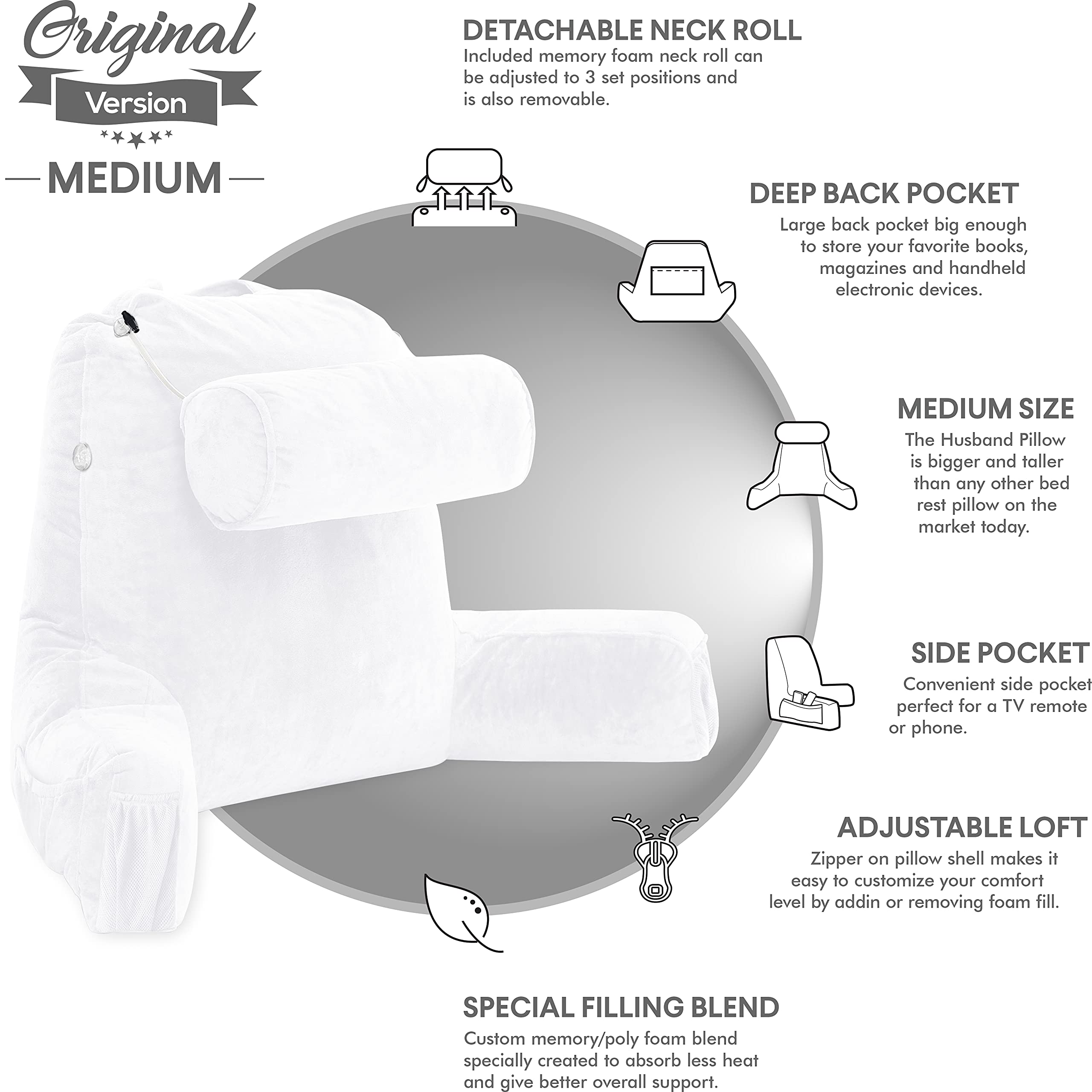 Husband Pillow Combo - Backrest Pillow with Arms : Medium White & Foldable Laptop Tray : Brown - Memory Foam Reading Pillows for Bed w/Removable Neck Roll & Laptop Bed Tray Table