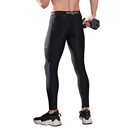 FANDIMU Men's Compression Pants, Cycling Pants, Tight Base Layer Gym Workout High Elasticity Leggings with Pocket, 2 Packs L