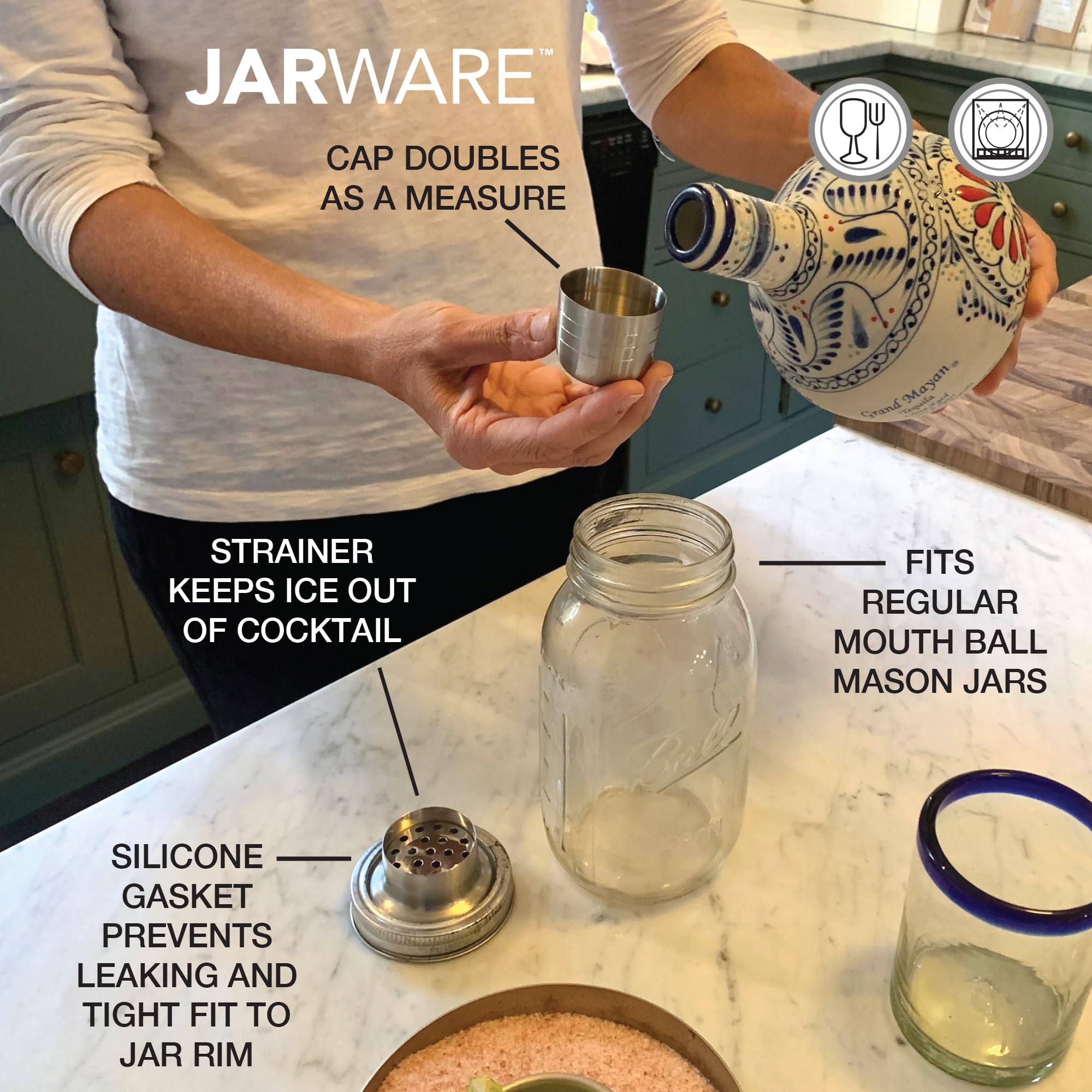 Jarware Mason Jar Cocktail Shaker Lid For Regular Mouth Mason Jar, Stainless Steel