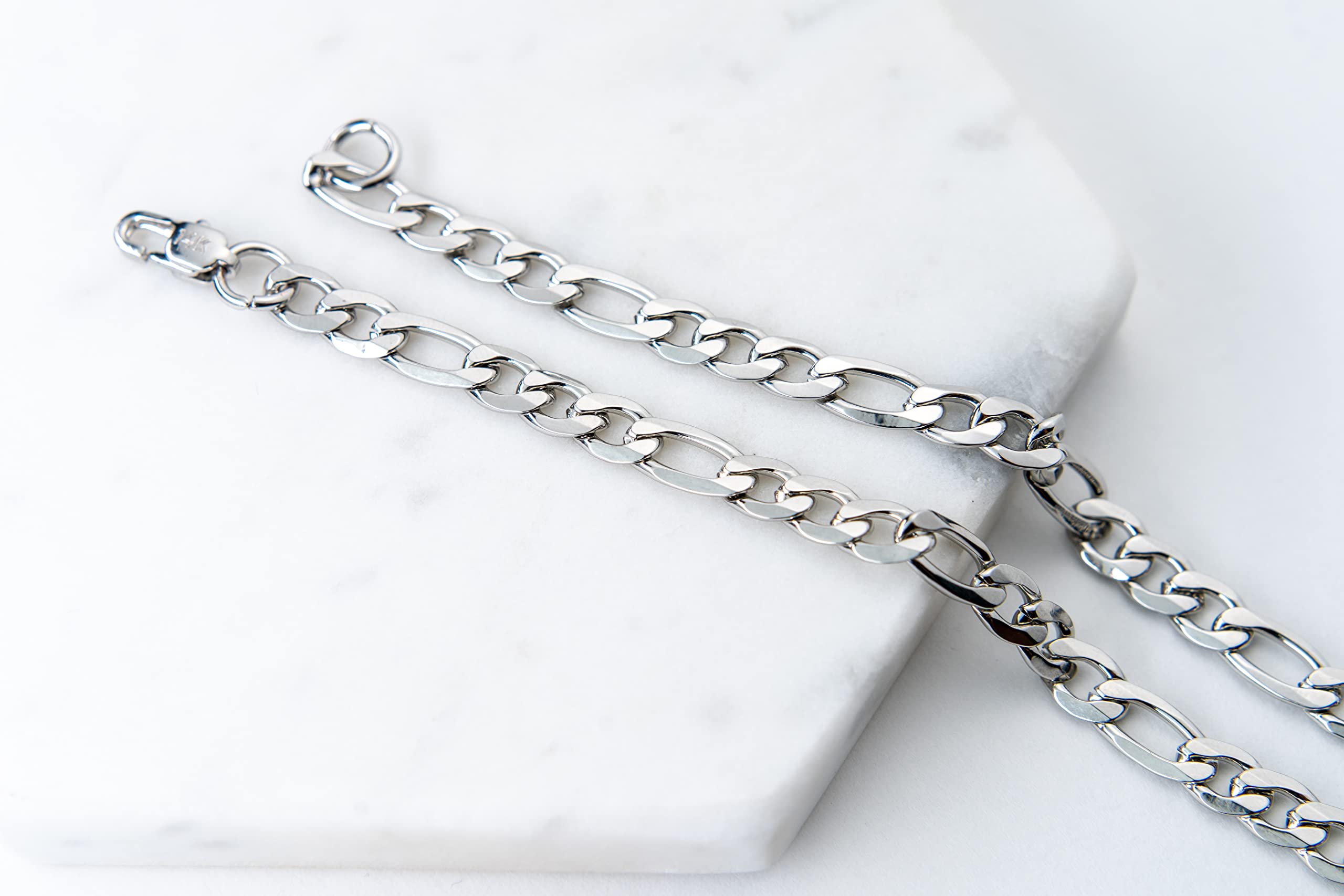 Dubai Collections Figaro 5mm 14k White Gold Chain for Men Necklace Women Jewelry Strong Solid Clasp Gift with Lobster plated Clasp 18inch -28inch (22.00)