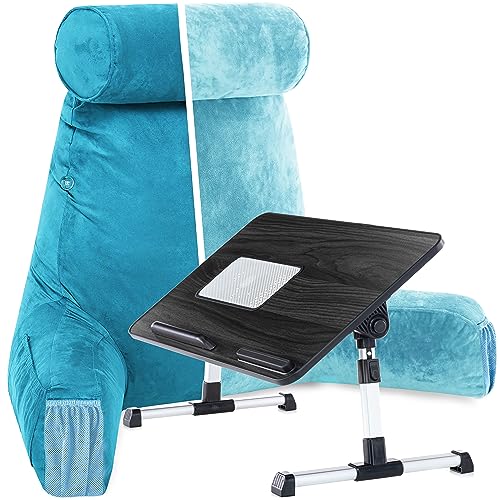 Husband Pillow Combo - Backrest Pillow with Arms : Medium Rodeo Blue & Lap Desk Bed Tray : XXL Grey - Aspen Memory Foam Reading Pillows for Bed w/Removable Neck Roll & Laptop Bed Tray Table
